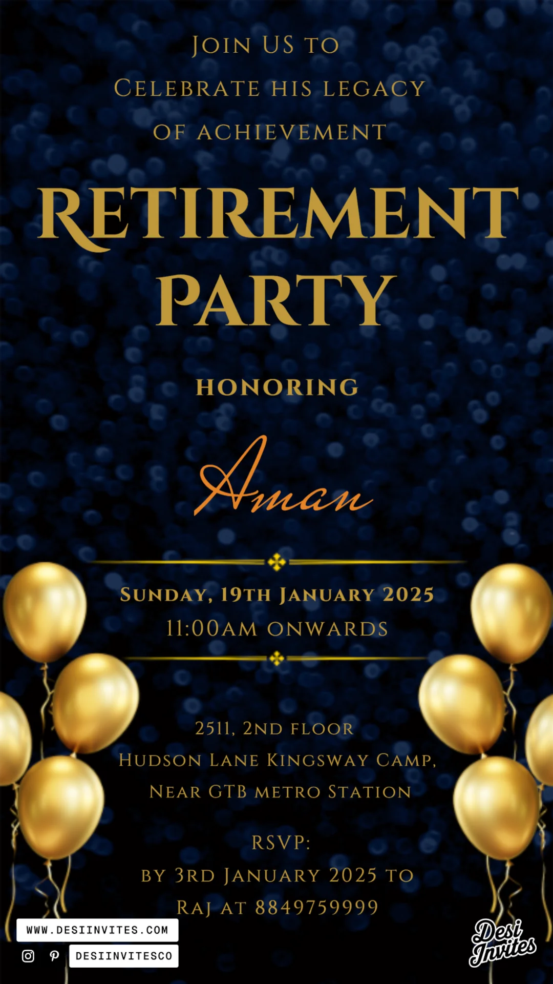 Elegant Golden & Navy Blue Retirement Party Invitation - Desi Invites