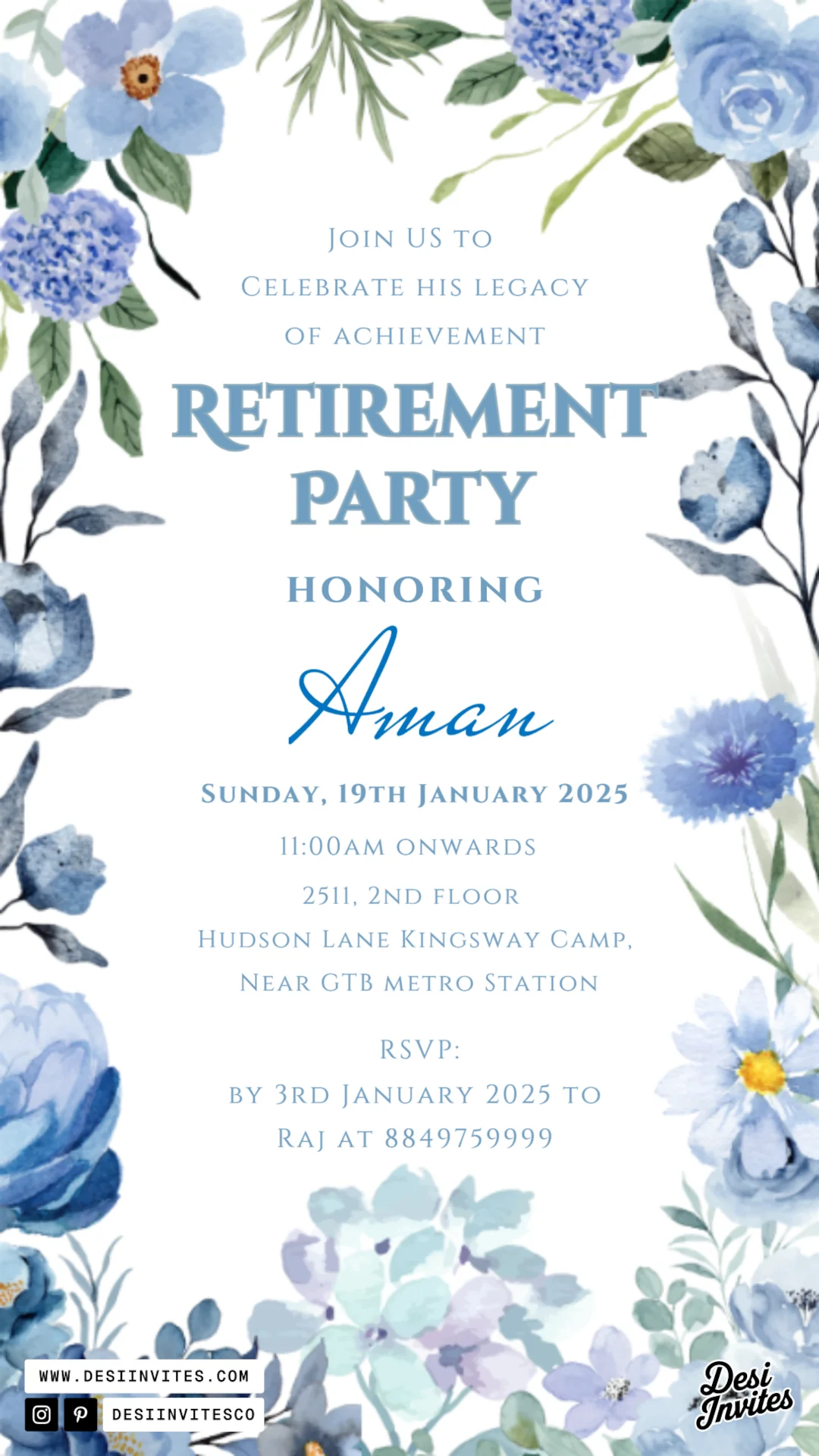 Serene Watercolor Blue Floral Retirement Party Invitation - Desi Invites
