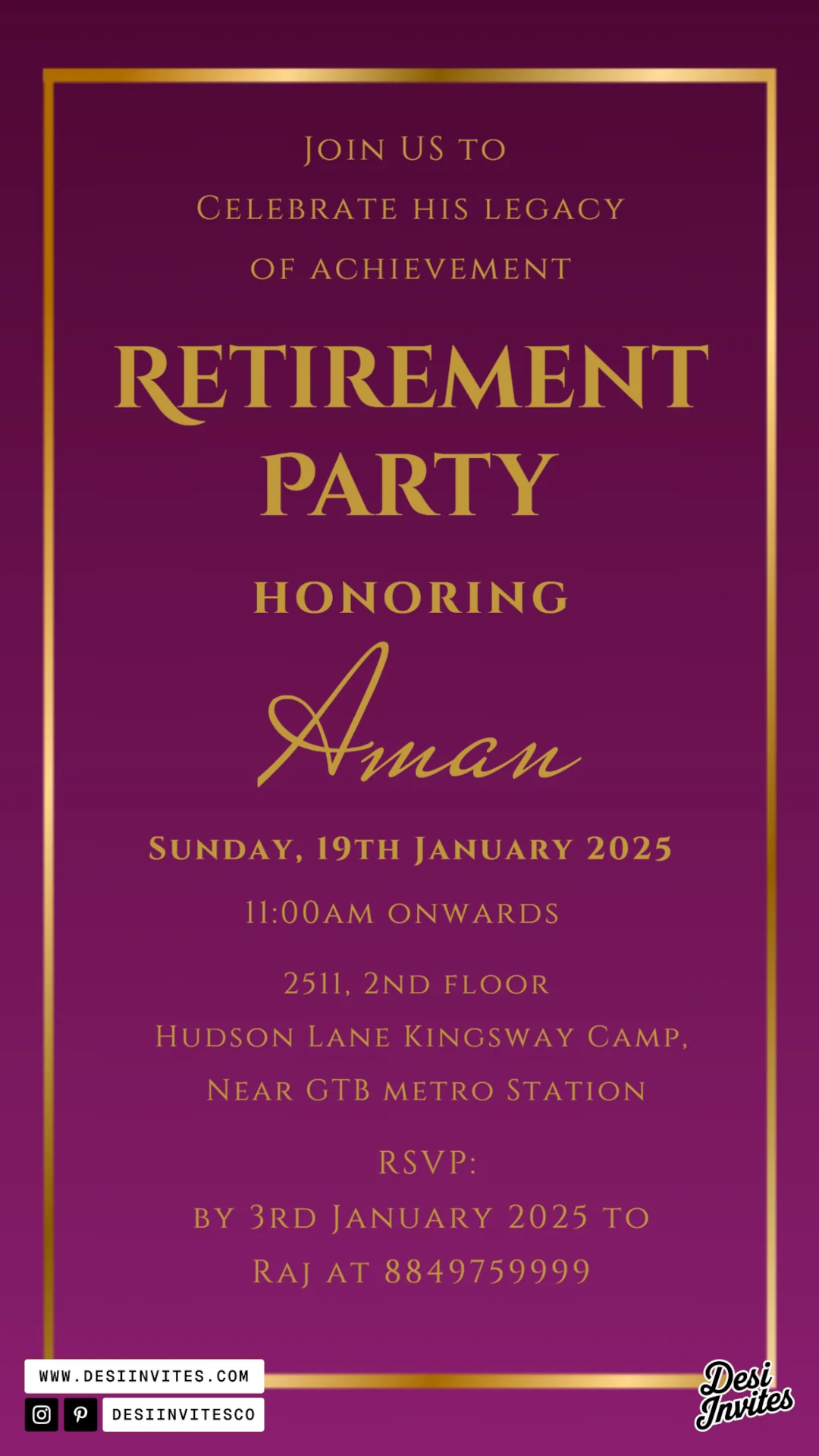 Royal Purple & Gold Retirement Party Invitation - Desi Invites