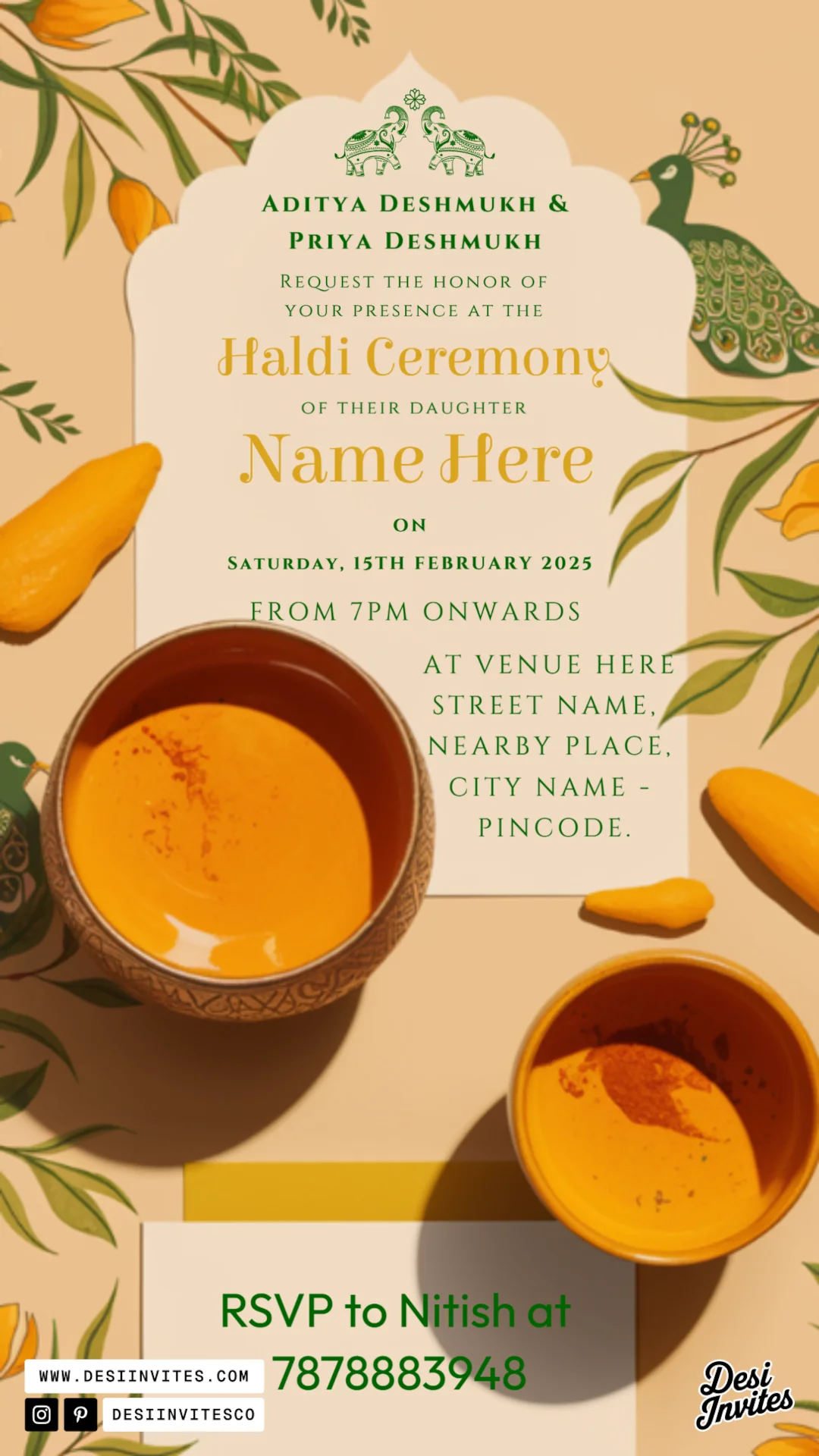Elegant Haldi Invite with Peacock & Turmeric Bowl - Desi Invites