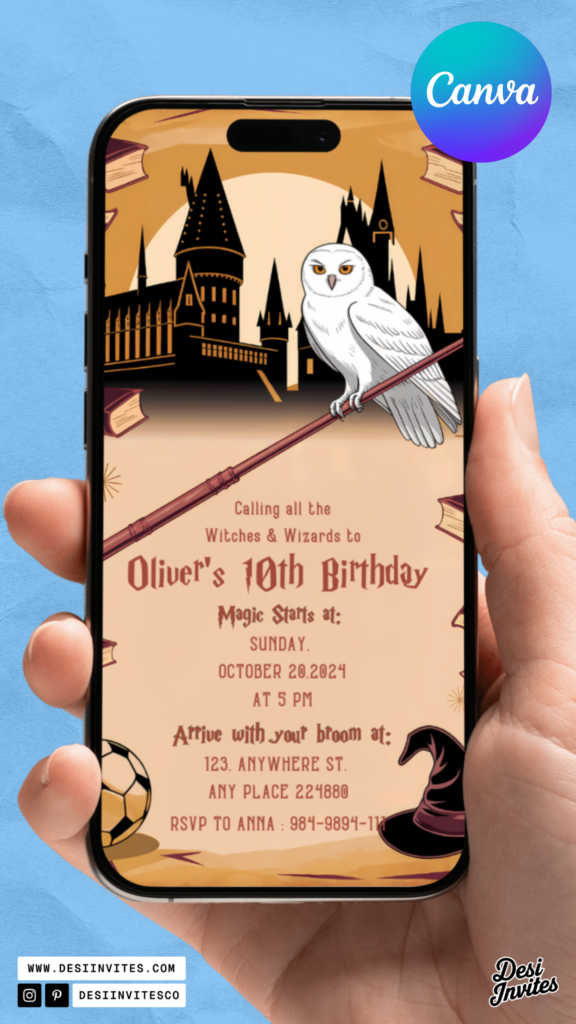 Spellbinding Wizard Birthday Invitation Canva Template - Desi Invites